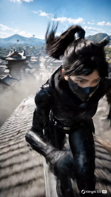 Female Cyber Ninja Sprints Through Ancient Japanese Rooftops Storm ...